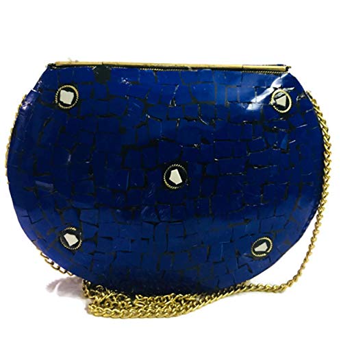 Blue stone mosaic metal bag antique ethnic clutch indian antique purse party clutch women bag…