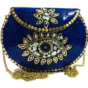 Blue stone mosaic metal bag antique ethnic clutch indian antique purse party clutch women bag…