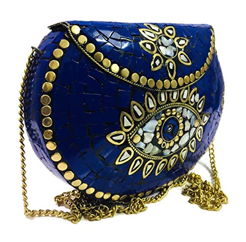 Blue stone mosaic metal bag antique ethnic clutch indian antique purse party clutch women bag…