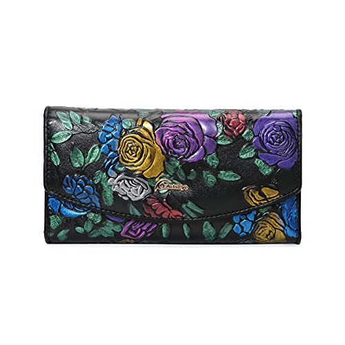 ArtsEye Roses Embossed Genuine Leather Trifold Wallet Purse (Black)