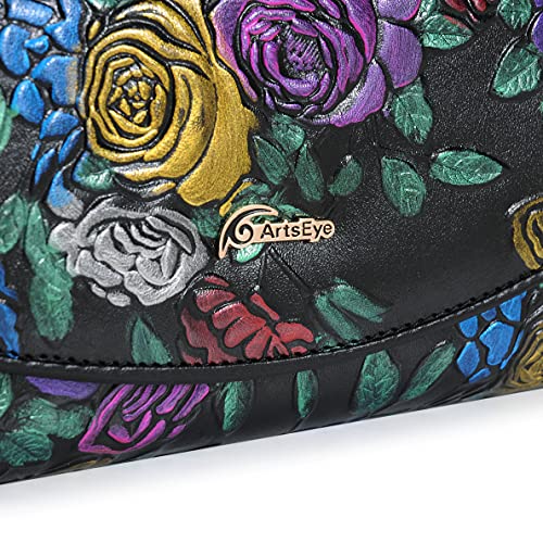 ArtsEye Roses Embossed Genuine Leather Trifold Wallet Purse (Black)