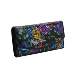 ArtsEye Roses Embossed Genuine Leather Trifold Wallet Purse (Black)