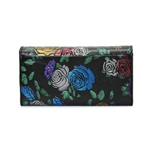 ArtsEye Roses Embossed Genuine Leather Trifold Wallet Purse (Black)