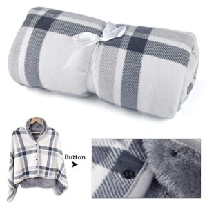 forestfish Fleece Wearable Blanket, Plaid Lap Blanket Comfy Poncho Throw With Buttons For Bed Sofa Office, Grey-White