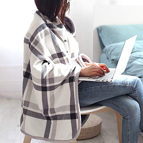 forestfish Fleece Wearable Blanket, Plaid Lap Blanket Comfy Poncho Throw With Buttons For Bed Sofa Office, Grey-White