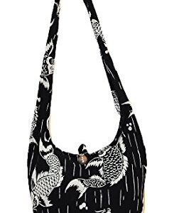 Thai Hippie Hobo Sling Crossbody Shoulder Bag Japanese Koi Carp Fish Purse Handmade Zip Cotton Gypsy Boho Messenger Medium (M949 (Black))