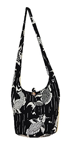 Thai Hippie Hobo Sling Crossbody Shoulder Bag Japanese Koi Carp Fish Purse Handmade Zip Cotton Gypsy Boho Messenger Medium (M949 (Black))