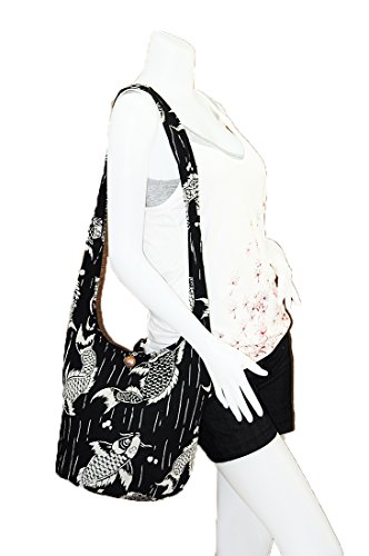 Thai Hippie Hobo Sling Crossbody Shoulder Bag Japanese Koi Carp Fish Purse Handmade Zip Cotton Gypsy Boho Messenger Medium (M949 (Black))