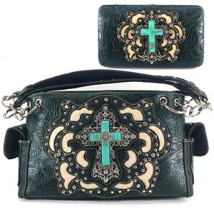 justin west tooled turquoise stone cross rhinestone laser cut shoulder chain concealed carry handbag purse wallet messenger (olive handbag and wallet)