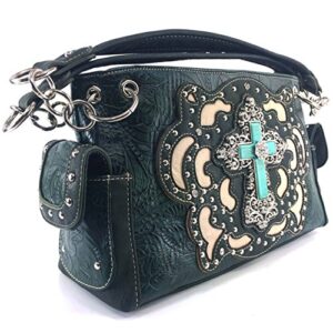 Justin West Tooled Turquoise Stone Cross Rhinestone Laser Cut Shoulder Chain Concealed Carry Handbag Purse Wallet Messenger (Olive Handbag and Wallet)