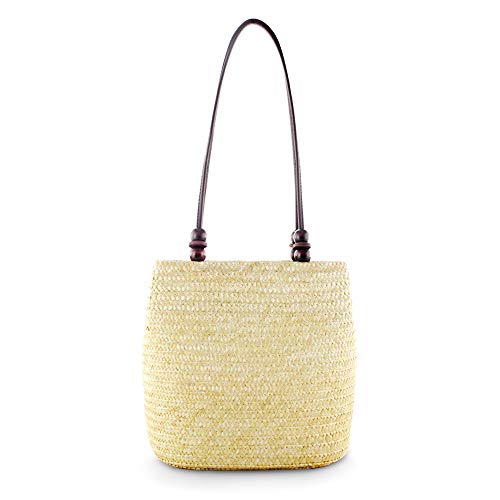 QTKJ Women Retro Bucket Straw Bag Handwoven Rattan Beach Tote Shoulder Bag with Brown Bead (Beige)