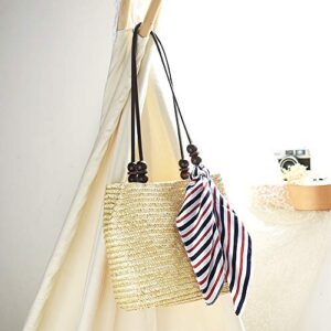 QTKJ Women Retro Bucket Straw Bag Handwoven Rattan Beach Tote Shoulder Bag with Brown Bead (Beige)