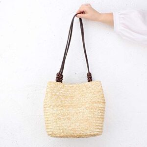 QTKJ Women Retro Bucket Straw Bag Handwoven Rattan Beach Tote Shoulder Bag with Brown Bead (Beige)