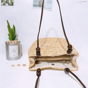 QTKJ Women Retro Bucket Straw Bag Handwoven Rattan Beach Tote Shoulder Bag with Brown Bead (Beige)