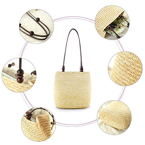 QTKJ Women Retro Bucket Straw Bag Handwoven Rattan Beach Tote Shoulder Bag with Brown Bead (Beige)