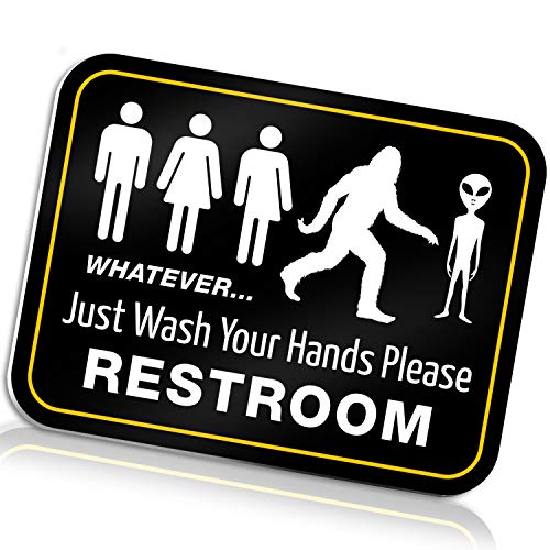 Funny Bathroom Sign for Restroom by Bigtime Signs | 11.5" x 8.75" Rigid PVC | All Gender Bigfoot & Alien Wash Your Hands Please - Bathroom Decor and Bathroom Signs, Funny Bathroom Signs