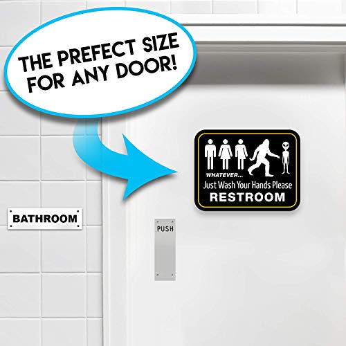 Funny Bathroom Sign for Restroom by Bigtime Signs | 11.5" x 8.75" Rigid PVC | All Gender Bigfoot & Alien Wash Your Hands Please - Bathroom Decor and Bathroom Signs, Funny Bathroom Signs