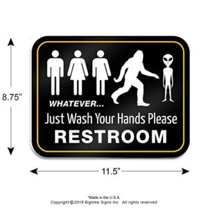 Funny Bathroom Sign for Restroom by Bigtime Signs | 11.5" x 8.75" Rigid PVC | All Gender Bigfoot & Alien Wash Your Hands Please - Bathroom Decor and Bathroom Signs, Funny Bathroom Signs