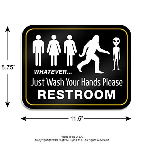 Funny Bathroom Sign for Restroom by Bigtime Signs | 11.5" x 8.75" Rigid PVC | All Gender Bigfoot & Alien Wash Your Hands Please - Bathroom Decor and Bathroom Signs, Funny Bathroom Signs