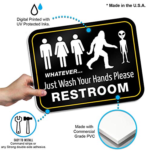 Funny Bathroom Sign for Restroom by Bigtime Signs | 11.5" x 8.75" Rigid PVC | All Gender Bigfoot & Alien Wash Your Hands Please - Bathroom Decor and Bathroom Signs, Funny Bathroom Signs