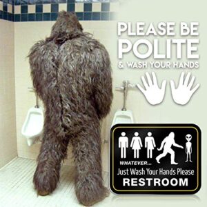 Funny Bathroom Sign for Restroom by Bigtime Signs | 11.5" x 8.75" Rigid PVC | All Gender Bigfoot & Alien Wash Your Hands Please - Bathroom Decor and Bathroom Signs, Funny Bathroom Signs