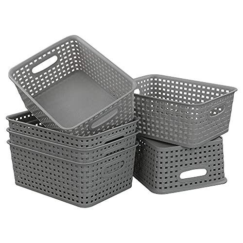 Morcte Grey Plastic Storage Basket, Bin Organizer, 6-Pack