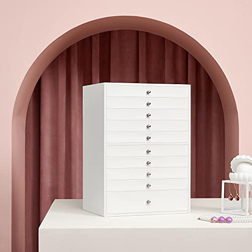 SONGMICS Extra Large Jewelery Box, 10-Layer Storage Case, Faux Leather Organizer with Drawers, Velvet Lining, Scandinavian Nordic Style, White JBC10W