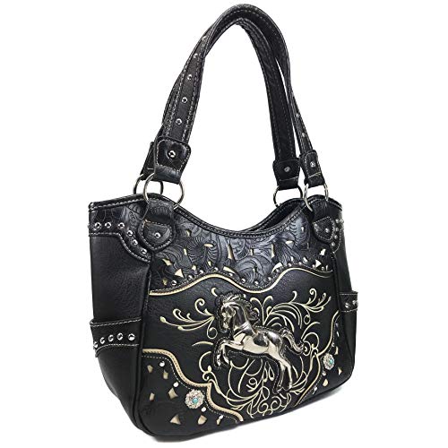 Zelris Western Rearing Horse Embroidered PU Leather Concealed Carry Women Tote Purse with Matching Wallet Set (Black)