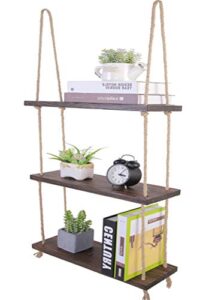 hxswy rustic rope hanging shelves for wall wood window plant shelf indoor 3 tier dark brown