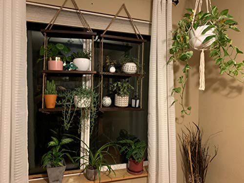 HXSWY Rustic Rope Hanging Shelves for Wall Wood Window Plant Shelf Indoor 3 Tier Dark Brown