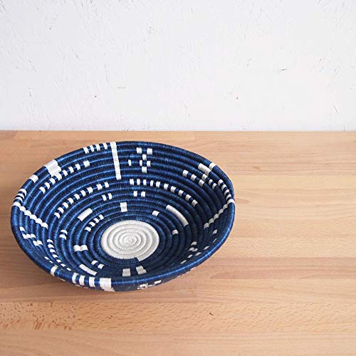 African Basket- Kigembe/Rwanda Basket/Woven Bowl/Sisal & Sweetgrass Basket/Blue, White