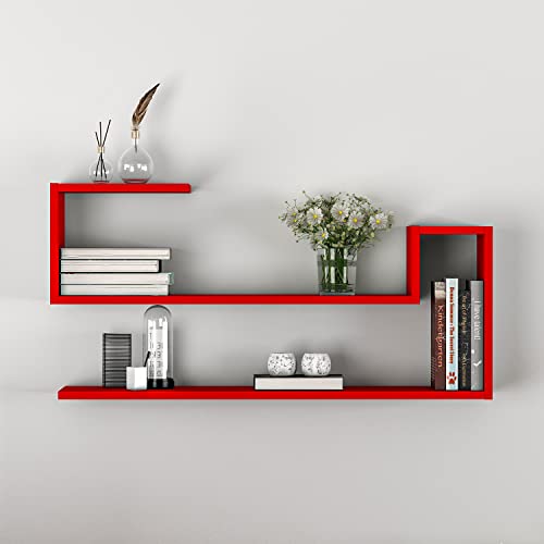 HOMIDEA Wave Wall Shelf - Book Shelf - Floating Shelf for Living Room Decoration in Modern Design (Red)