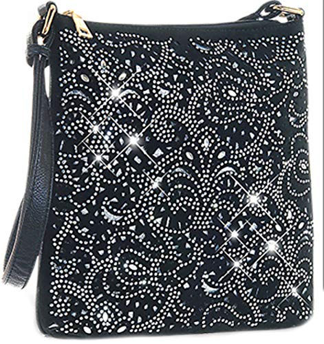 Laser Cut Bling Cross Body Bag Rhinestone Purse Black