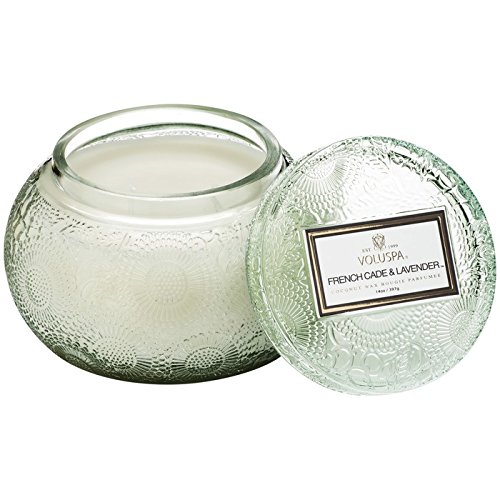 Voluspa French Cade Lavender Candle | 14 Oz. | 50 Hour Burn Time | Embossed Glass Chawan Bowl | Coconut Wax and Natural Wicks for a Cleaner Burn | Vegan