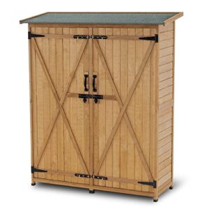 mcombo outdoor storage cabinet, wood garden shed, outside tool shed, vertical organizer cabinet with double lockable doors for outside, garden and yard 1400