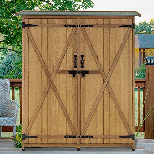 MCombo Outdoor Storage Cabinet, Wood Garden Shed, Outside Tool Shed, Vertical Organizer Cabinet with Double Lockable Doors for Outside, Garden and Yard 1400