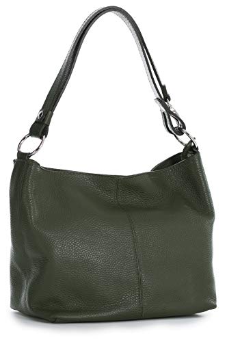 LiaTalia Womens Genuine Italian Leather Medium Size Shoulder Hobo Bag - Adjustable Long Strap Handbag - EMMY [Olive Green]