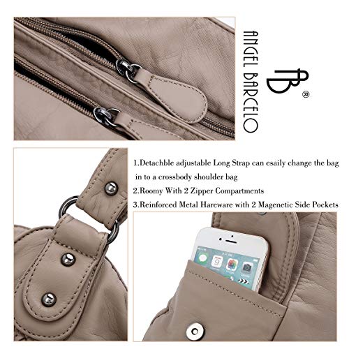 Angel Barcelo Roomy Fashion Hobo Womens Handbags Ladies Purse Satchel Shoulder Bags Tote Washed Leather Bag (Apricot)