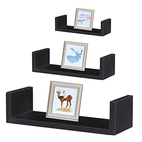 NEX Rustic Wood Floating Shelves Set of 3 U Shape Wall Mounted Shelf for Bathroom Bedroom Living Room