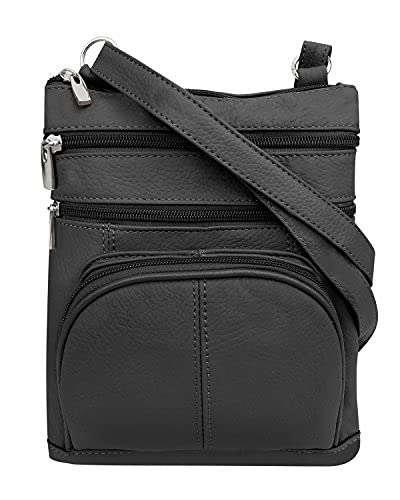 Roma Leathers Crossbody Zippered Purse - 3 Front Pockets, Adjustable Strap - Black