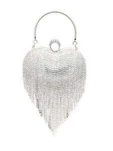 umren women luxury heart shape tassel evening clutch bag rhinestones wedding party purse handbag silver 1