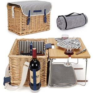 wicker picnic basket for 2 persons picnic kit, willow hamper service gift set with bamboo wine table for camping and outdoor party