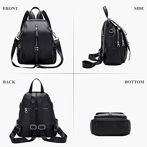 ALTOSY Genuine Leather Backpack Purse for Women Convertible Shoulder Bag with Buckle Flap (S85 Black)