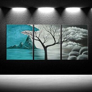 iknow foto 3pcs grey and teal canvas wall art abstract cloud tree pictures contemporary landscape giclee artwork painting decorative panels for walls bathroom master bedroom decor 12x16inchx3pcs