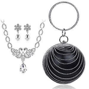 round clutch tassel purse women crystal evening bag for wedding party women’s ball shape crystal evening clutch purse wedding party handbags with necklace earrings set(black)