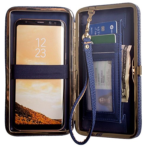 CellularOutfitter Womens Leather Wallet Vegan Leather Bow Clutch Design with Credit Card, Cash and Smartphone Pockets [Bow Clutch - Navy]