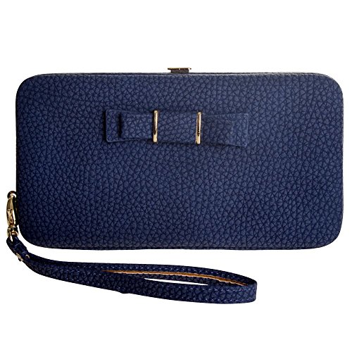 CellularOutfitter Womens Leather Wallet Vegan Leather Bow Clutch Design with Credit Card, Cash and Smartphone Pockets [Bow Clutch - Navy]