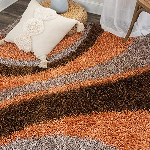 Rizzy Home Kempton Collection Polyester Area Rug, 5' x 7', Multi/Orange/Brown/Khaki Stripe