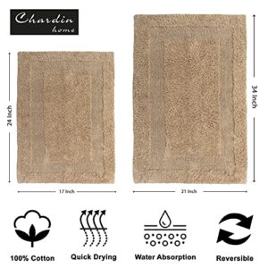 Chardin home - 100% Cotton Reversible Bathroom 2-Piece Bath Rug Set – 21”x34” & 17”x24”, Loop/Cut Pattern Absorbent Super Soft Comfort Quick Dry Durable Hotel Spa mats, Machine Washable, Beige