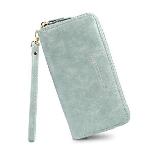 ft funtor wristlet wallet for women, ladies zip around wallet pu vegan leather clutch bifold long purse phone card holder organizer green